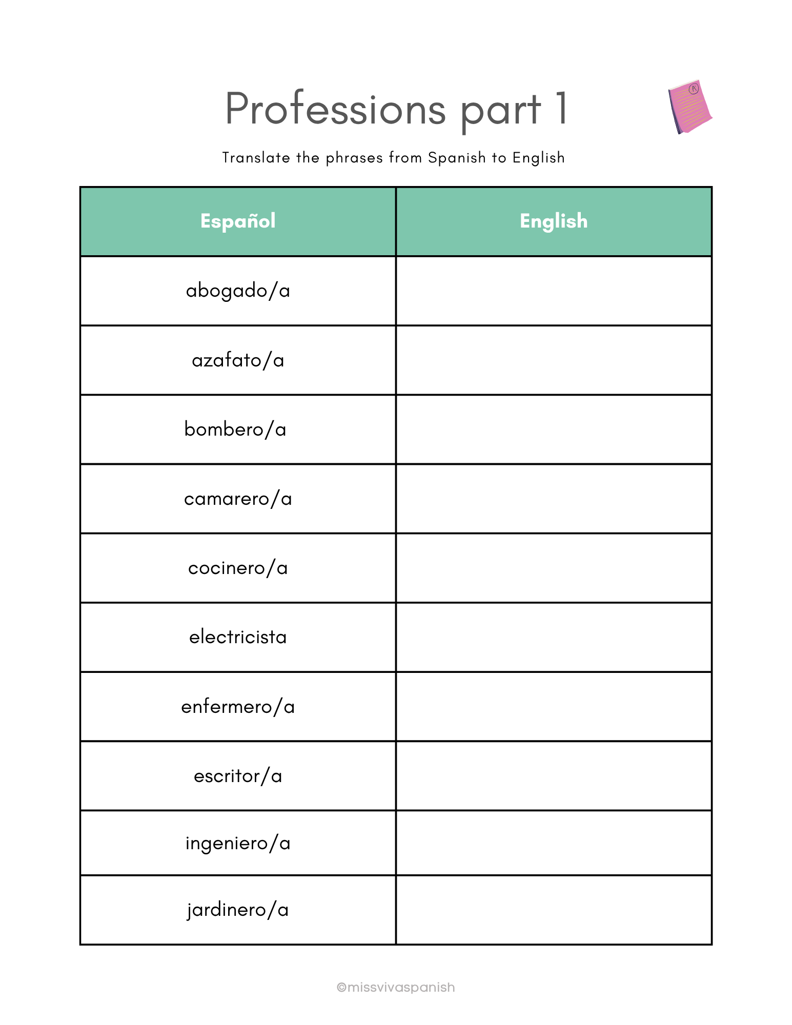 Professions worksheets in Spanish (8+)(SM) – Learn Spanish with Miss Viva